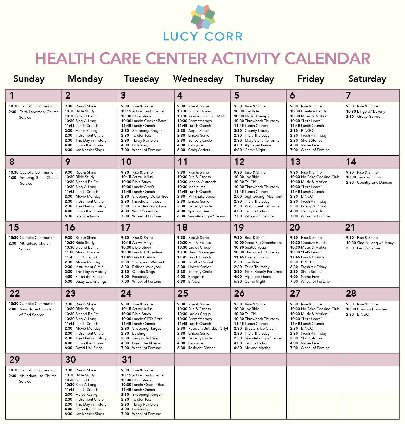 Event Calendar | Senior Life at Lucy Corr