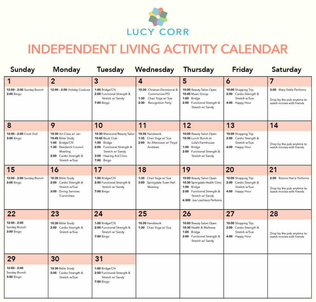Event Calendar | Senior Life at Lucy Corr