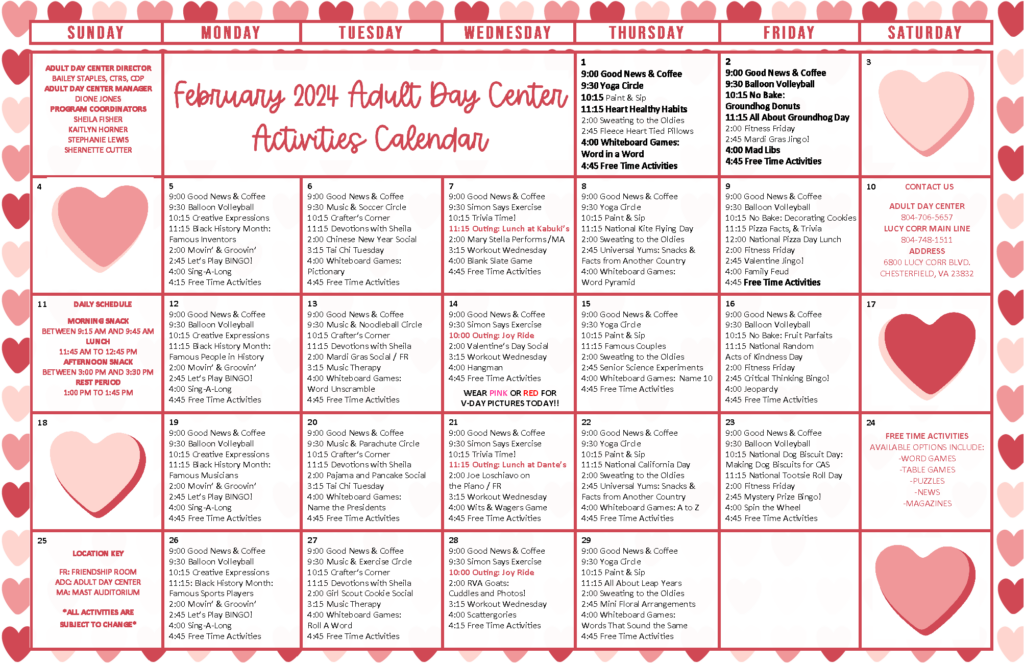 Lucy Corr Events | Adult Day Care Calendar | Lucy Corr